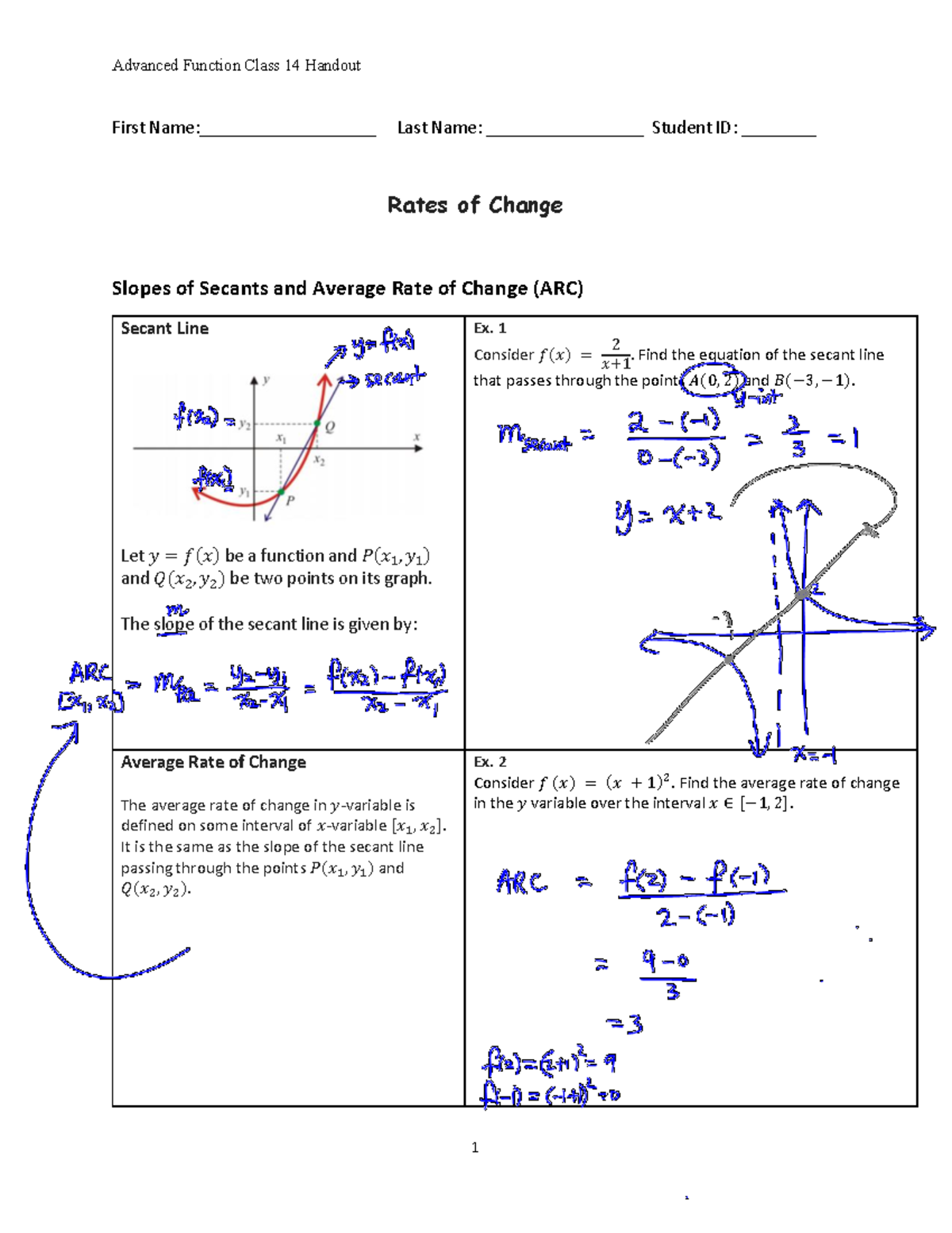 Advanced Functions AF-14 Handout: Rates of Change & Secant Lines - Studocu