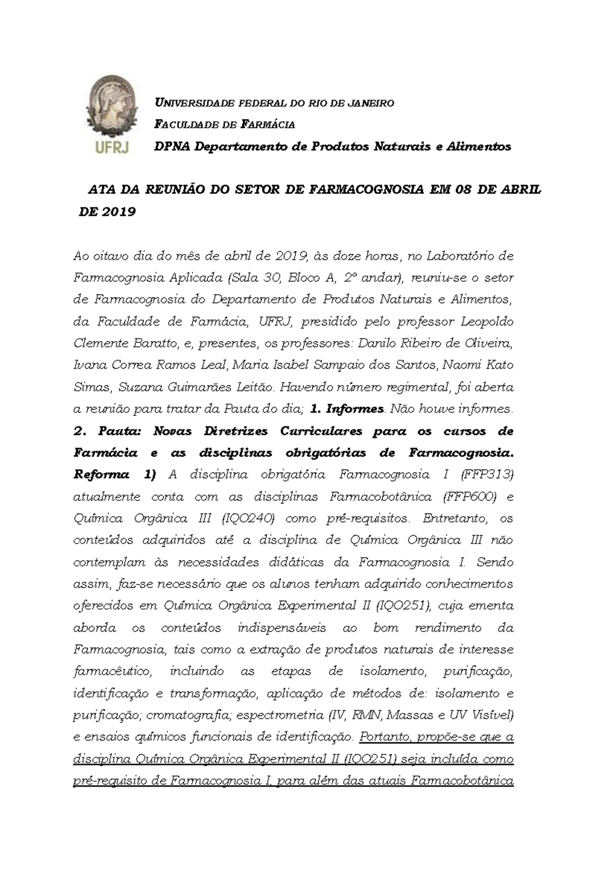 Ata da Reunião do Setor de Farmacognosia - 08/04/2019 - UFRJ - Studocu