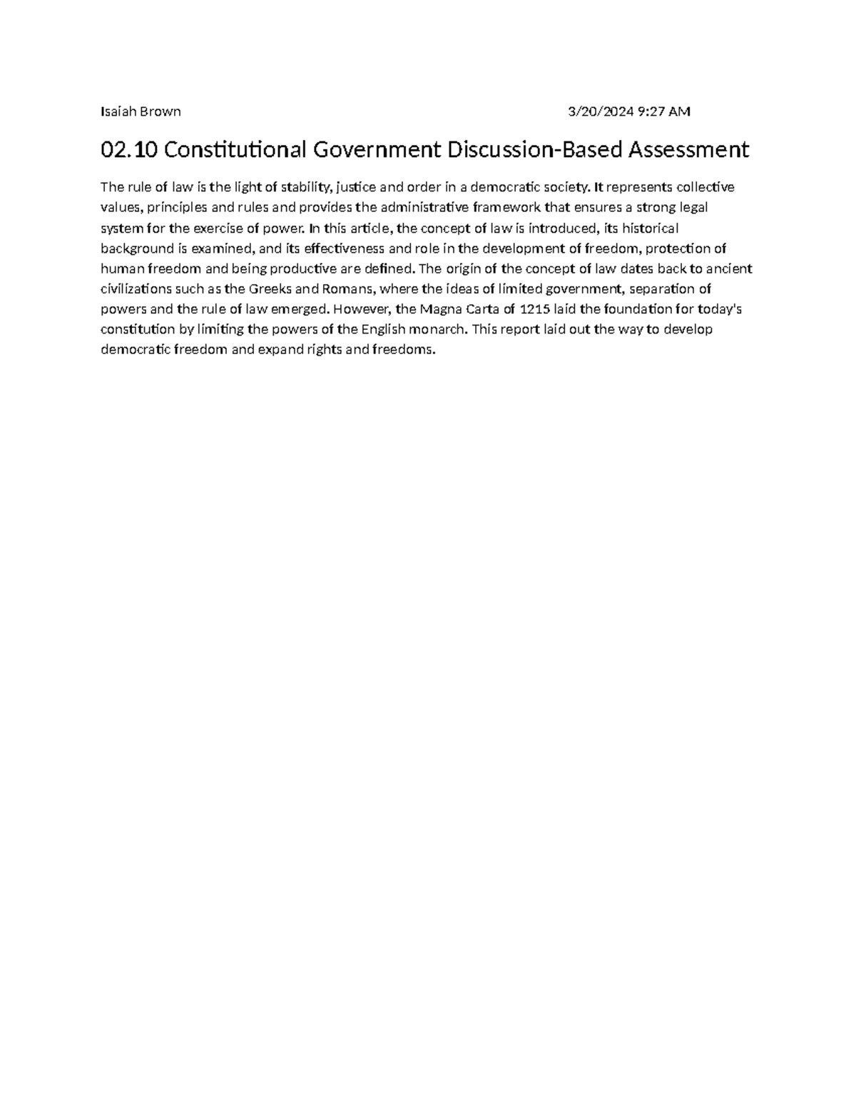 02.10 Constitutional Government Assessment: Rule of Law and Democracy ...
