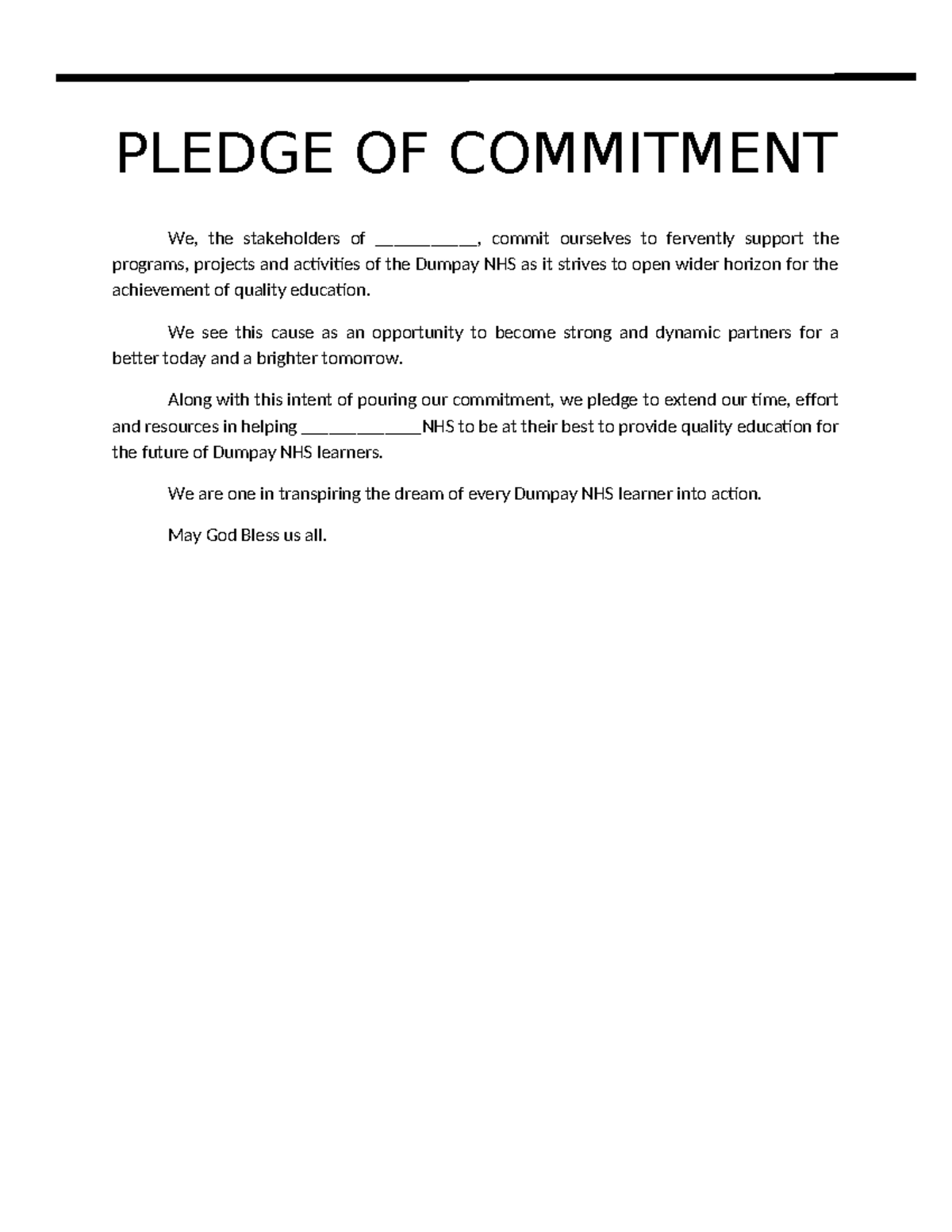 Pledge of Commitment to Support Dumpay NHS Programs and Education - Studocu