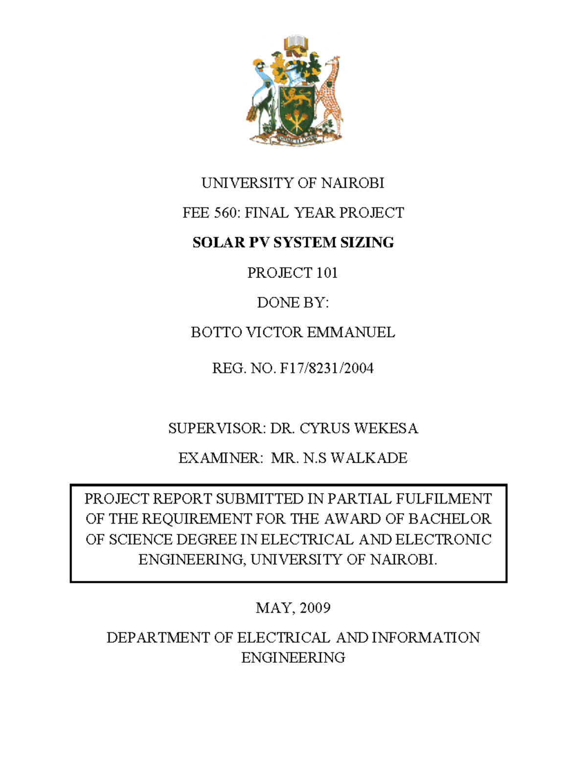 FEE 560: Solar PV System Sizing - Final Year Project Report - Studocu