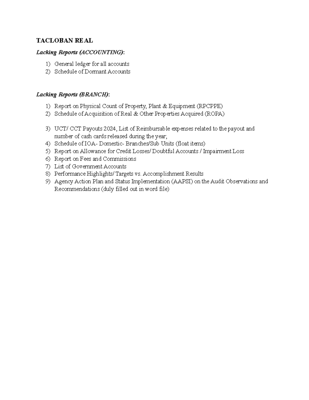 TACLOBAN REAL Lacking Reports (ACCOUNTING & BRANCH) Summary - Studocu
