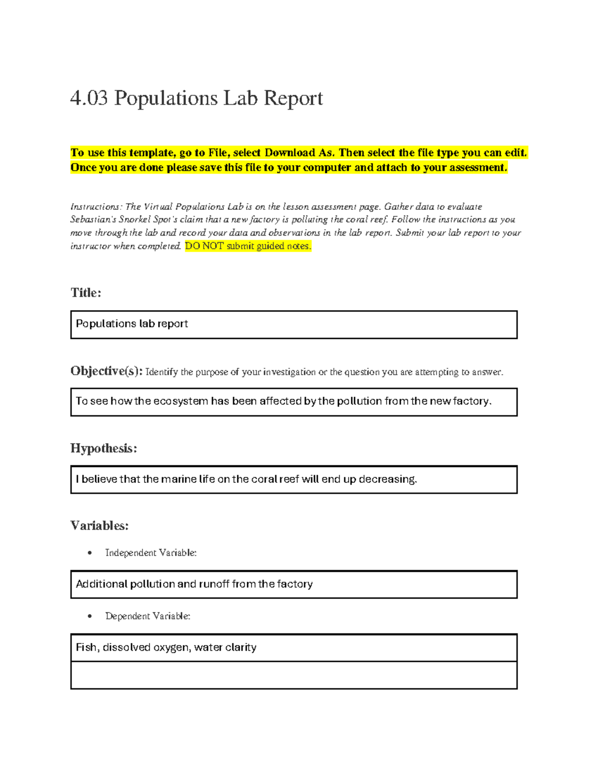 4.03 Lab Report on Coral Reef Pollution Effects - Bio Lab - Studocu