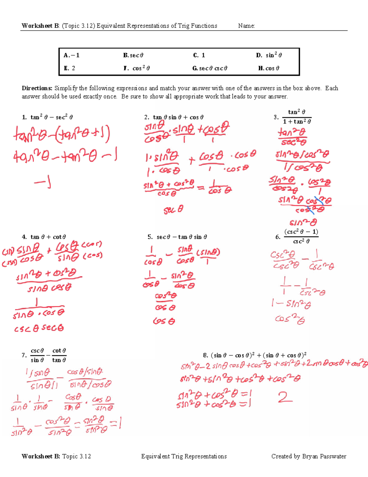 3.12 Practice Worksheet B: Equivalent Trig Function Representations ...