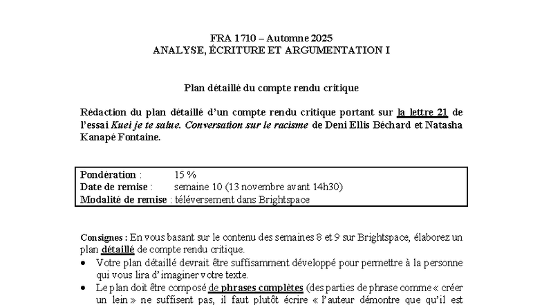FRA 1710 Automne 2025 Plan Détaillé du Compte Rendu Critique - Studocu
