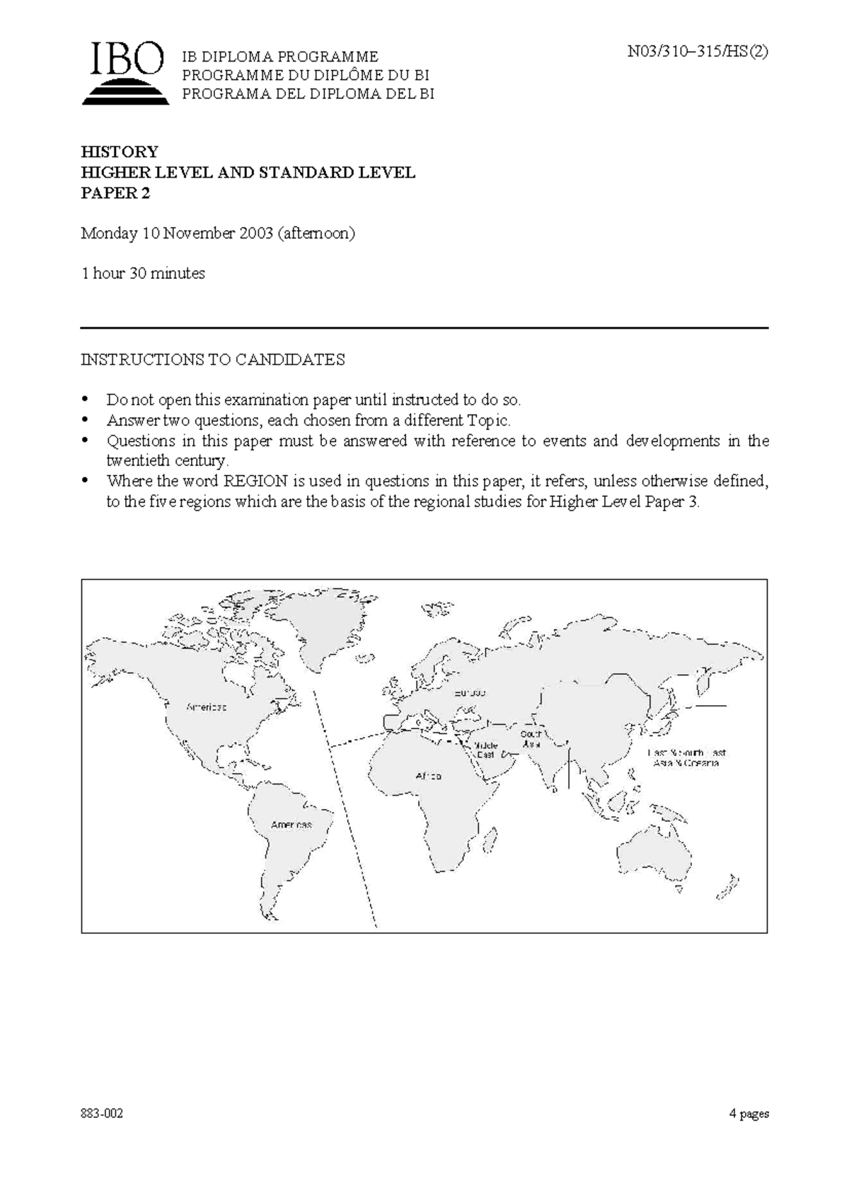 IB Diploma History HL & SL Paper 2 Exam - November 10, 2003 - Studocu