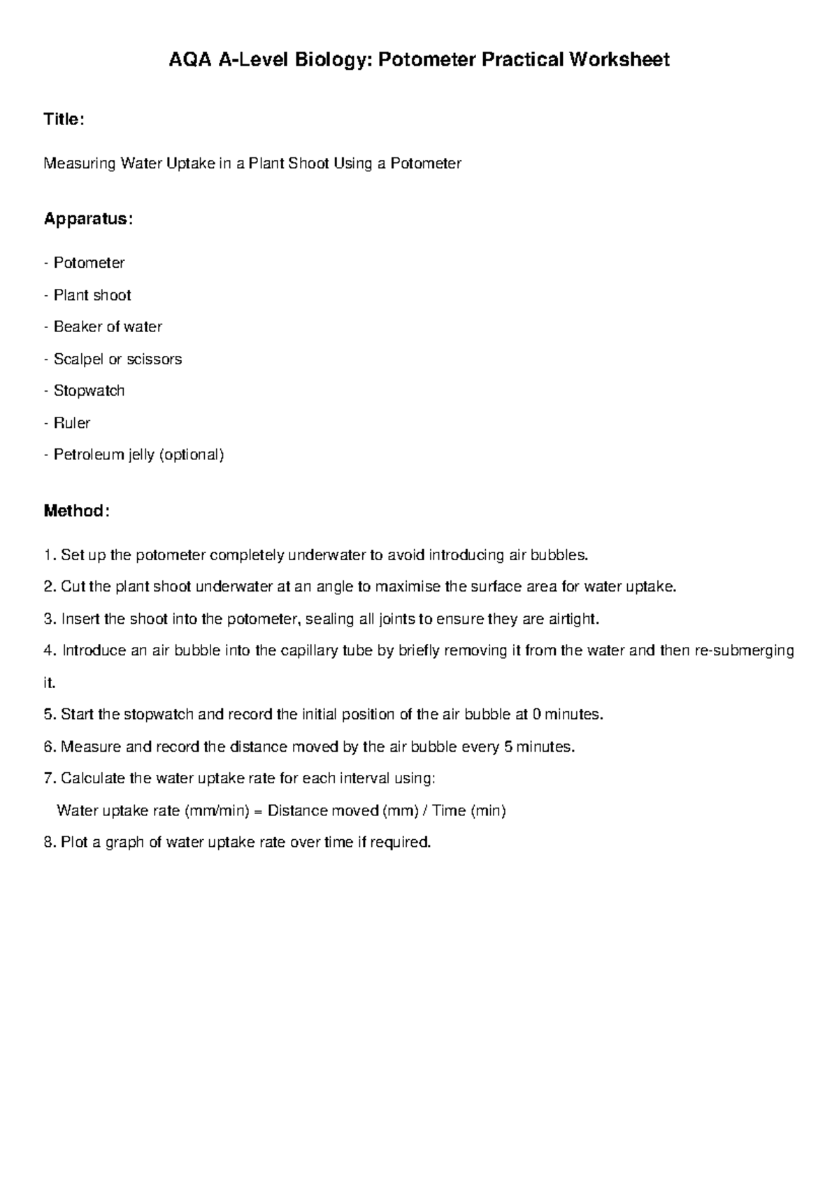 AQA A-Level Biology: Updated Potometer Practical Worksheet - Studocu