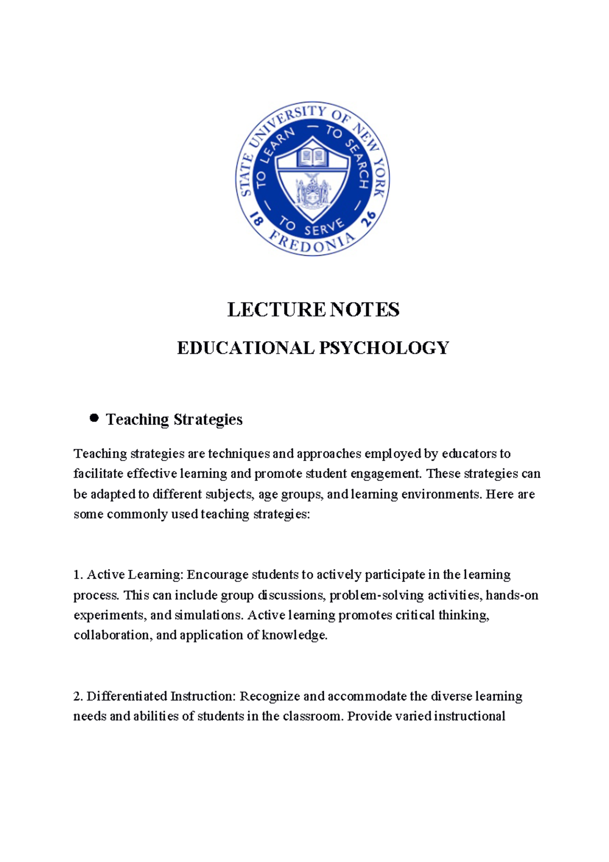 EDUCATIONAL PSYCHOLOGY 33: Effective Teaching Strategies Lecture Notes ...