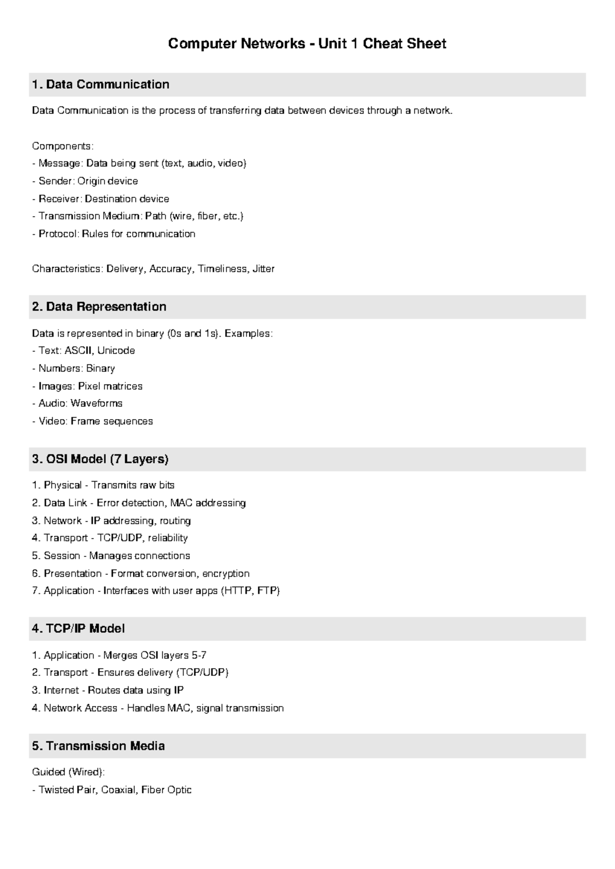 Computer Networks Unit1 Cheat Sheet - Computer Networks - Unit 1 Cheat Sheet 1. Data ...