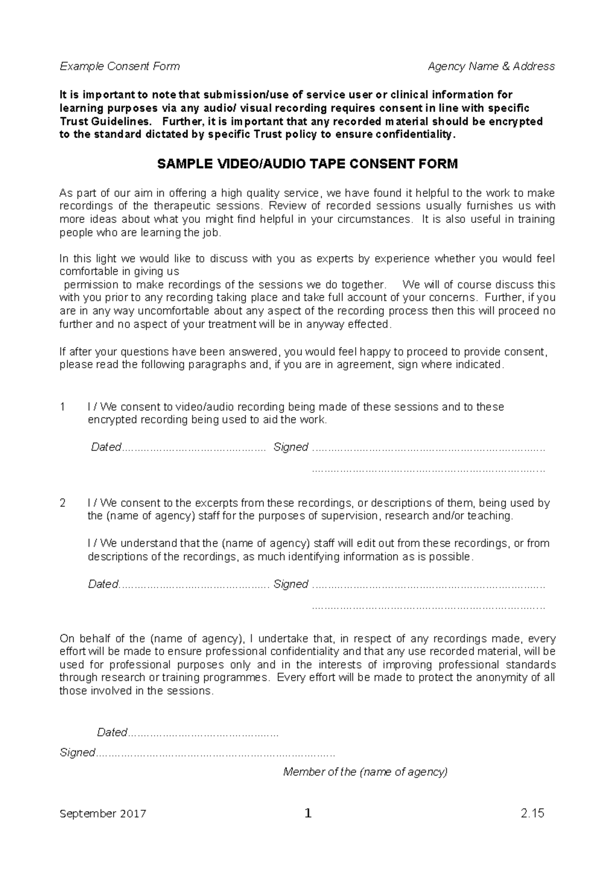 Consent Form for Recording Therapeutic Sessions - Agency Name - Studocu