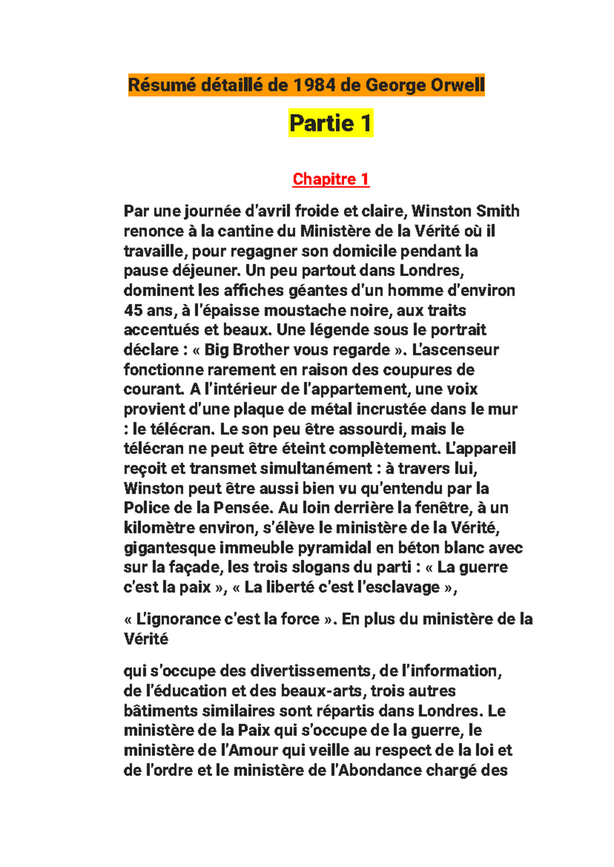 Résumé détaillé d'1984 de George Orwell - Partie 1 & 2 - Studocu