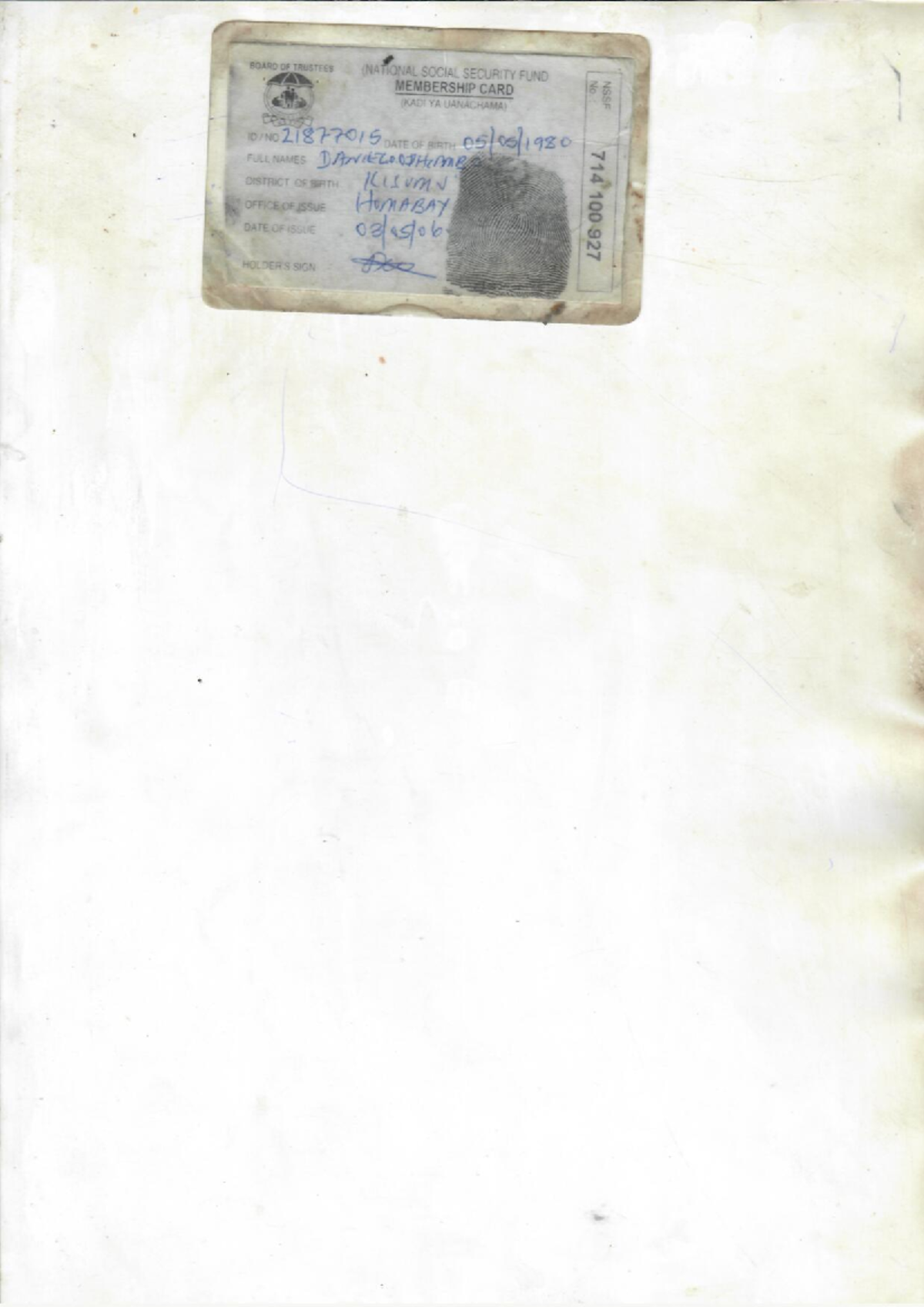 NSSF Membership Card Details - ID No 21877015 and Issue Info - Studocu