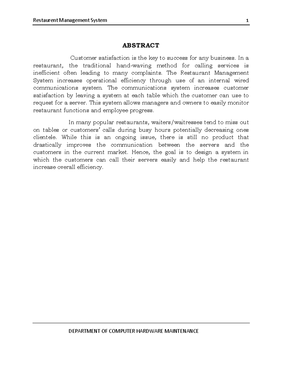 Restaurant Management System Project Report: Enhancing Customer Service ...