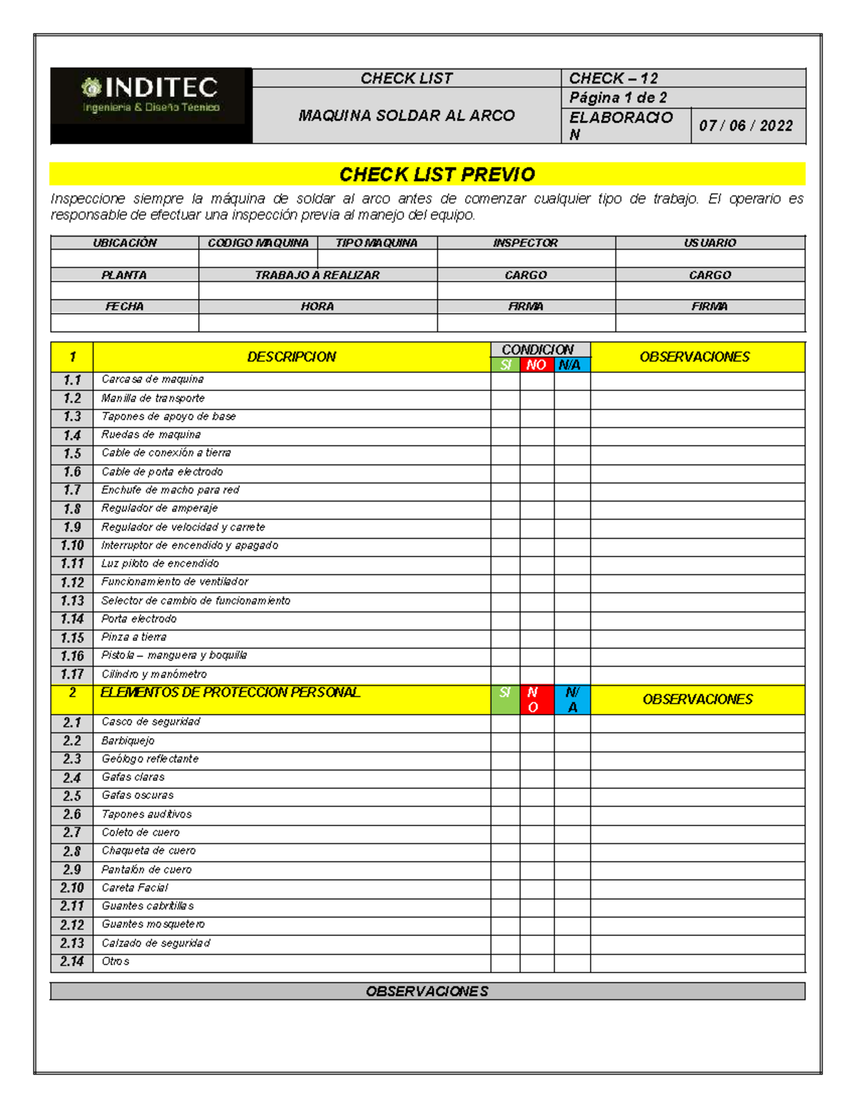 Check List - 12: Inspección de Máquina de Soldadura al Arco - Studocu