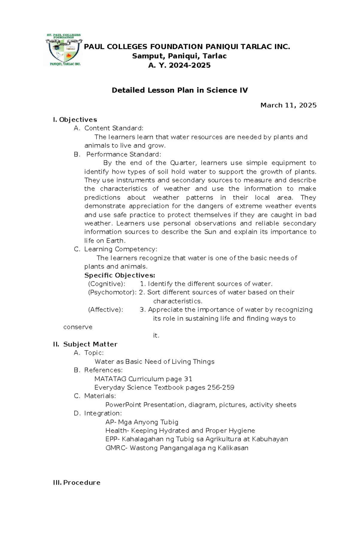 Detailed Lesson Plan in Science IV: Water as a Basic Need - Studocu