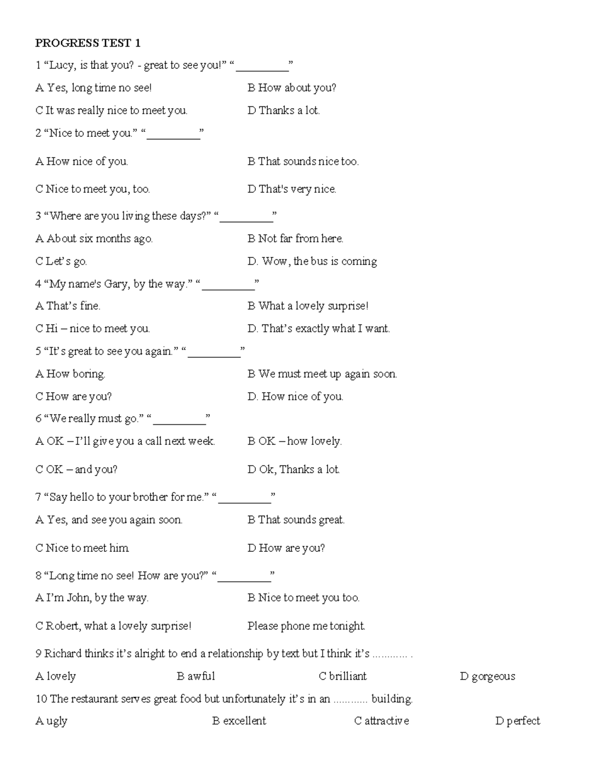 Progress TEST 1-4 with Answer Keys for ESL Students - Studocu
