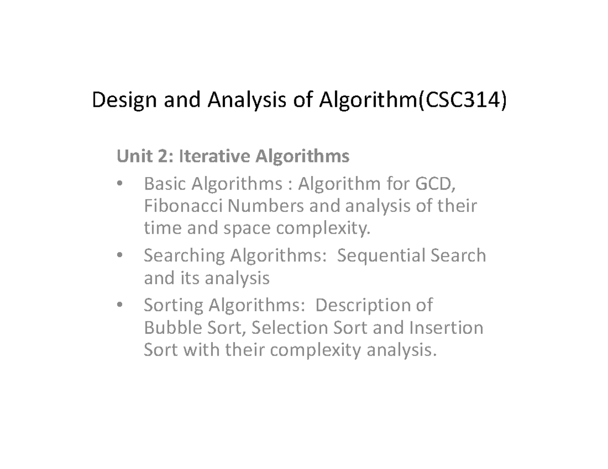 Unit 2: Iterative Algorithms and Complexity Analysis (CSC314) - Design and Analysis of - Studocu