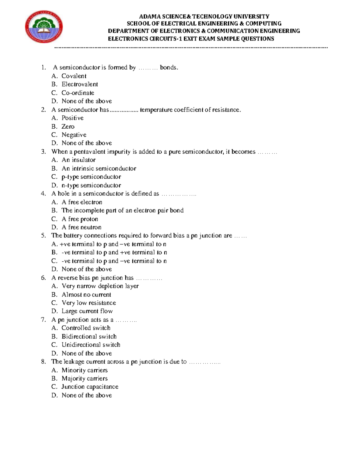 Electronics Circuits-1 EXIT EXAM Sample Questions at Adama University ...