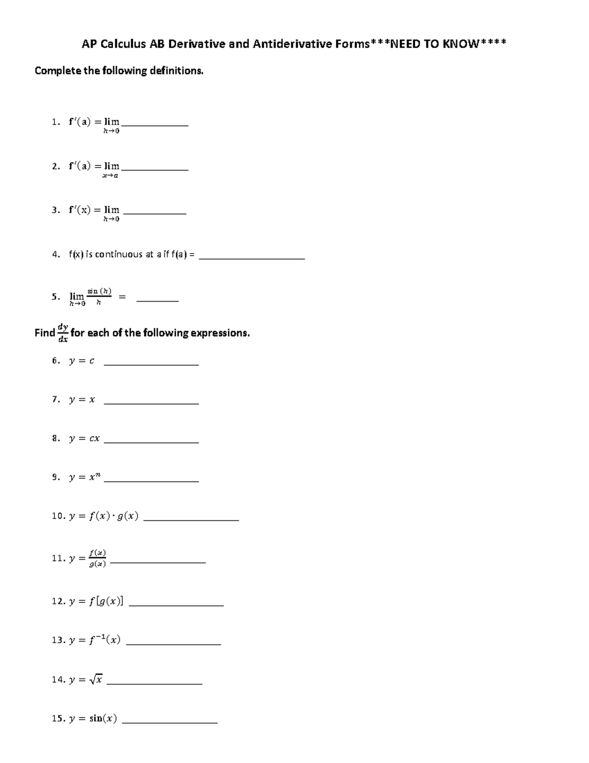 AP Calculus AB Basic Derivative & Antiderivative Quiz - Studocu