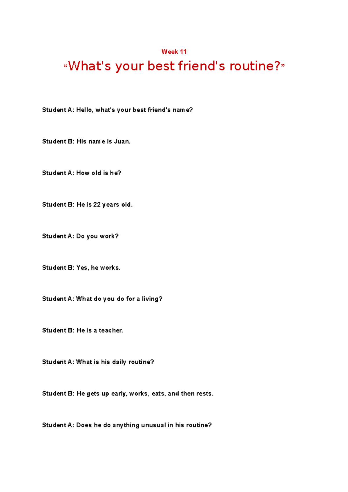Week 11 What's your best friend's routine - Week 11 “What's your best ...