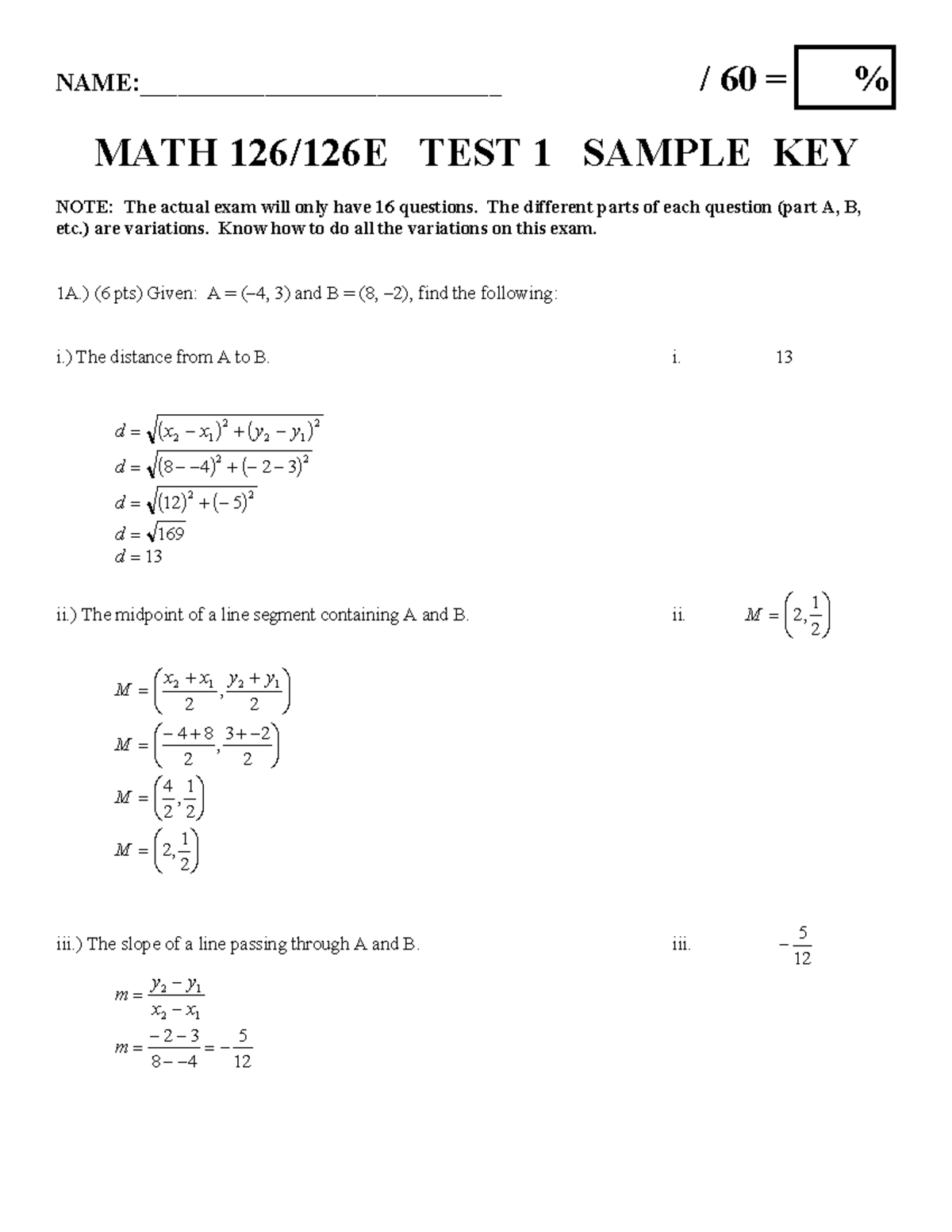 MATH 126/126E TEST 1 SAMPLE KEY AND SOLUTIONS - Studocu