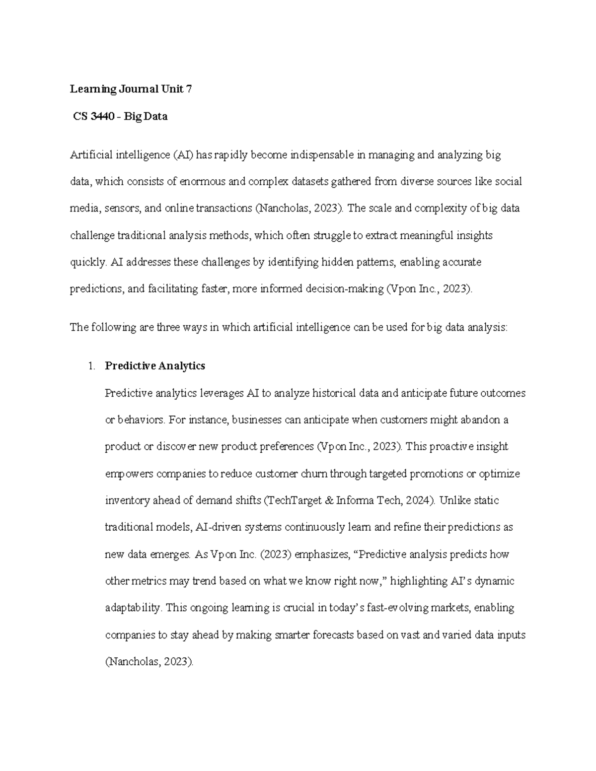 Learning Journal Unit 7: AI in Big Data Analysis (CS 3440) - Studocu