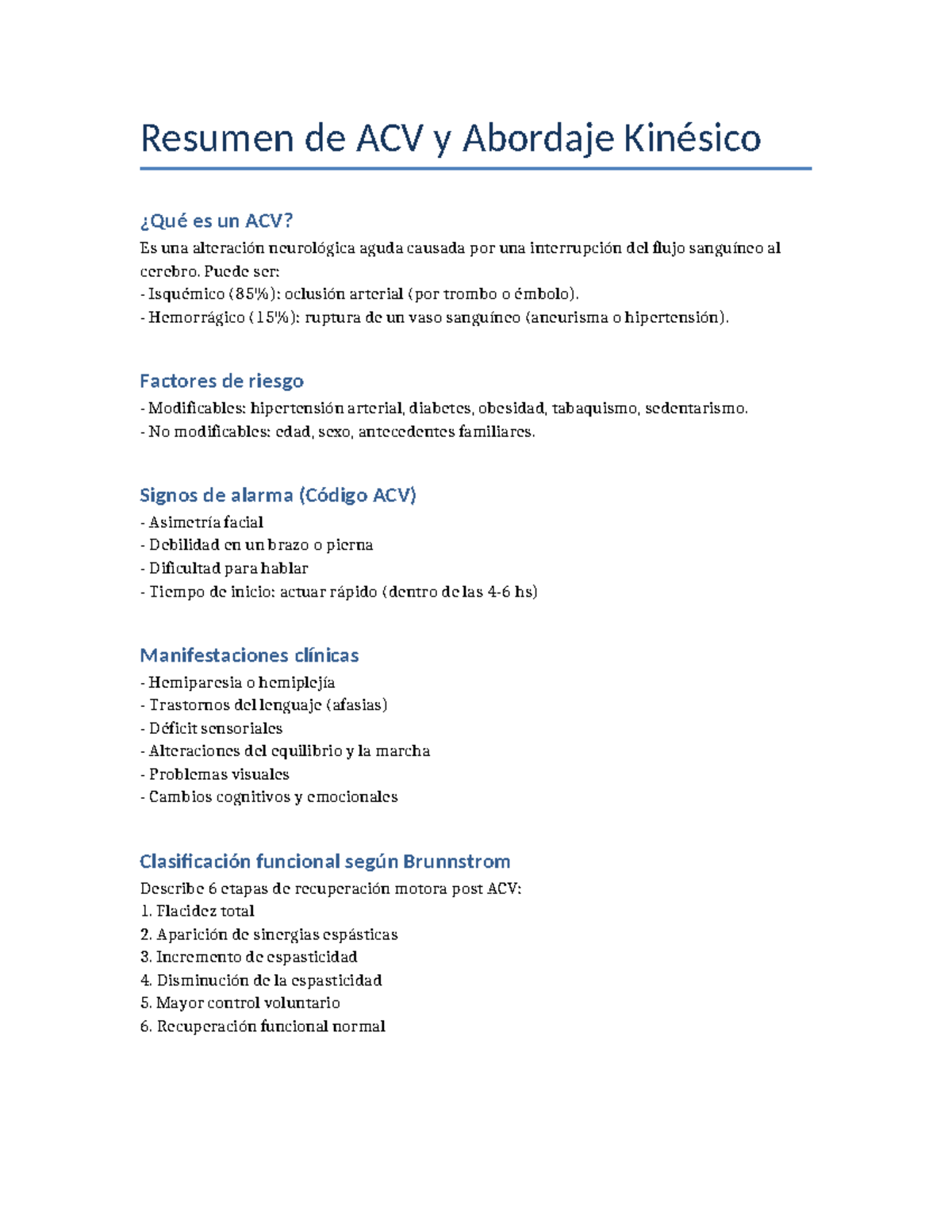 Resumen ACV y Abordaje Kinésico: Intervención y Tratamiento - Studocu
