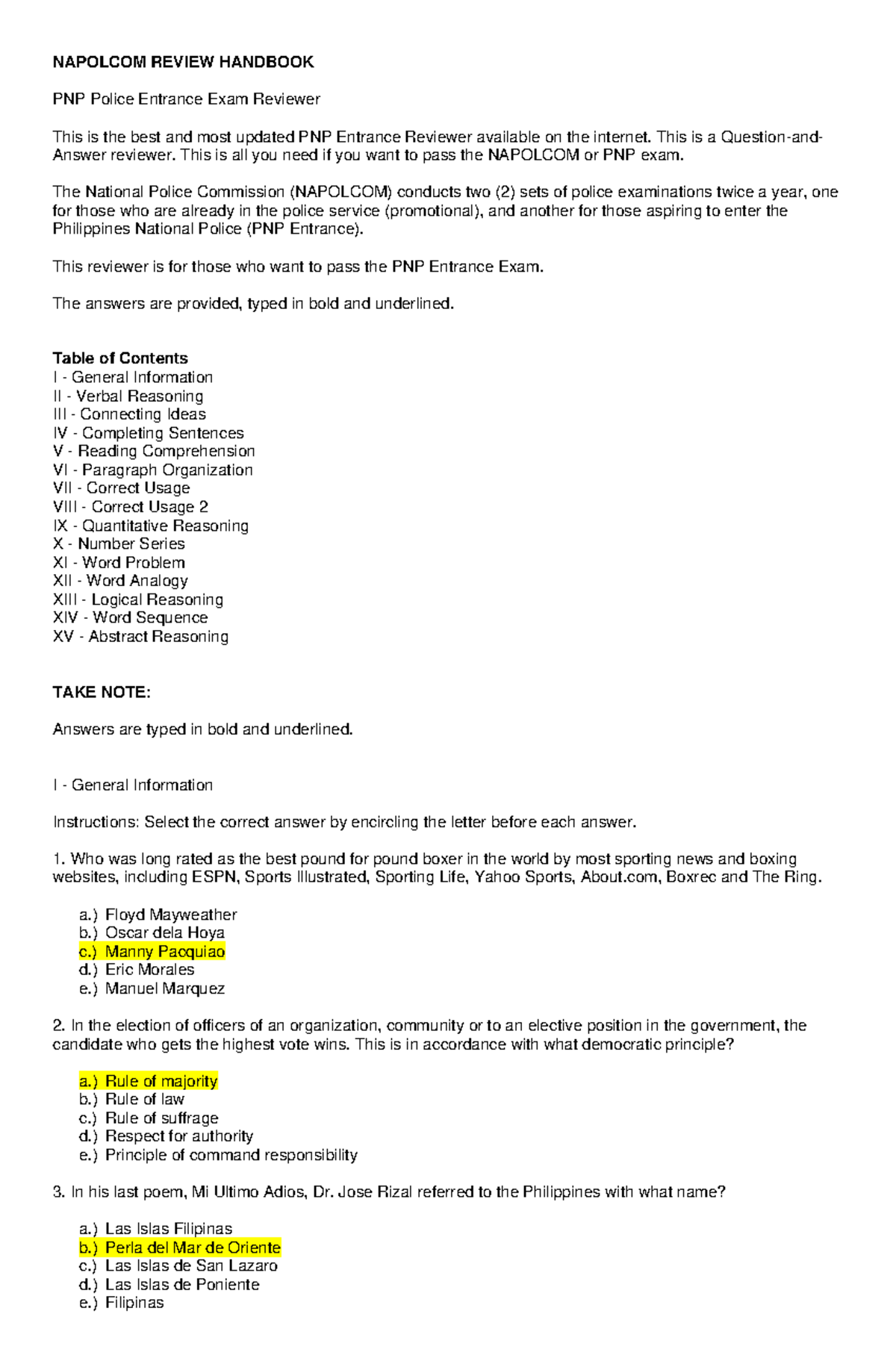 NAPOLCOM PNP Entrance Exam Review Handbook - Updated Q&A Guide - Studocu