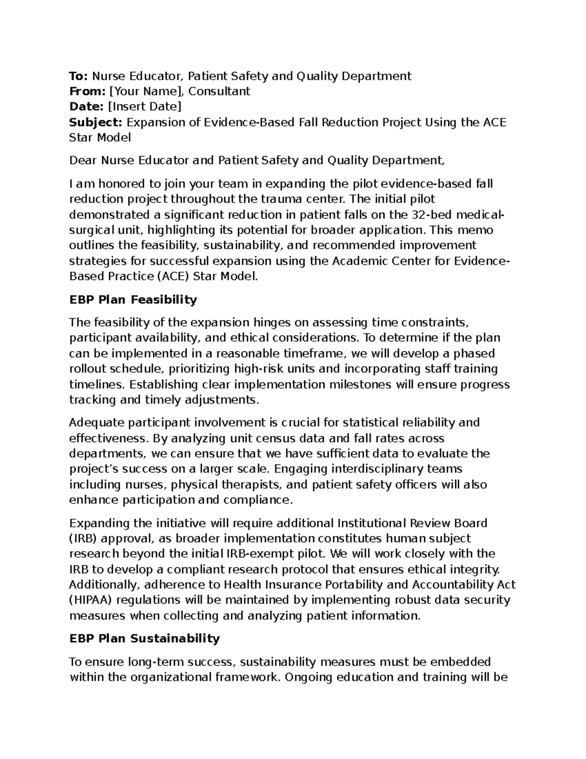 Expansion of Fall Reduction Project Using ACE Star Model - Module 7 ...