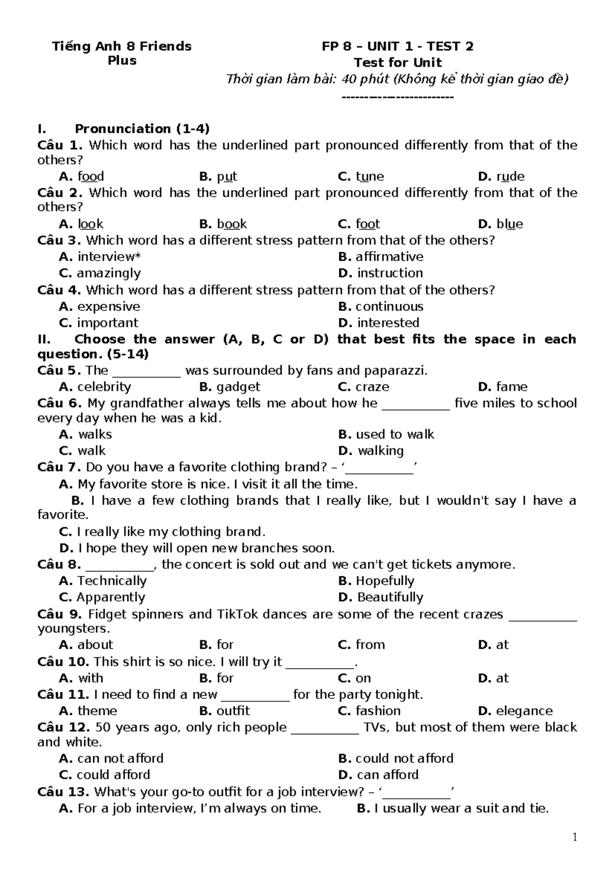 Tiếng Anh 8 Friends Plus FP 8 UNIT 1 - Test 2 Revision Notes - Studocu