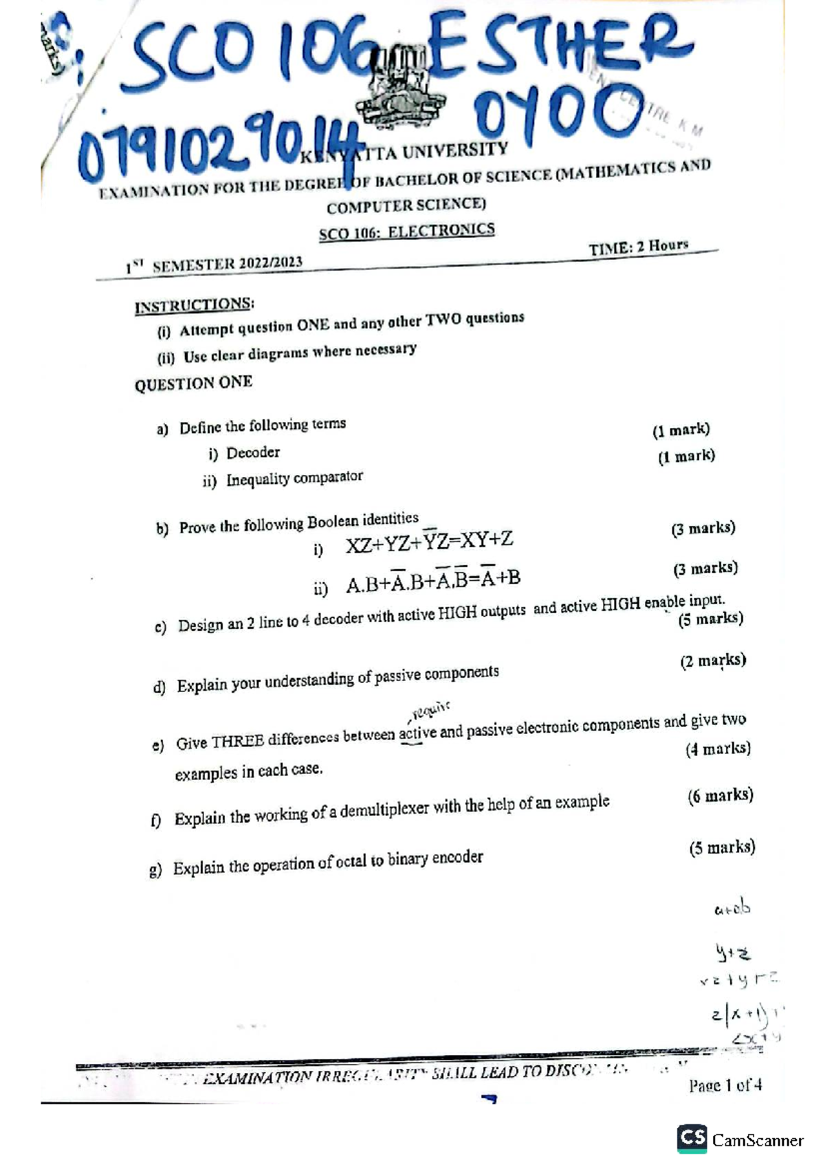 SCO 106: Electronics 1ˢᵗ & 2ⁿᵈ Semester Exam Papers - Esther OYOO - Studocu