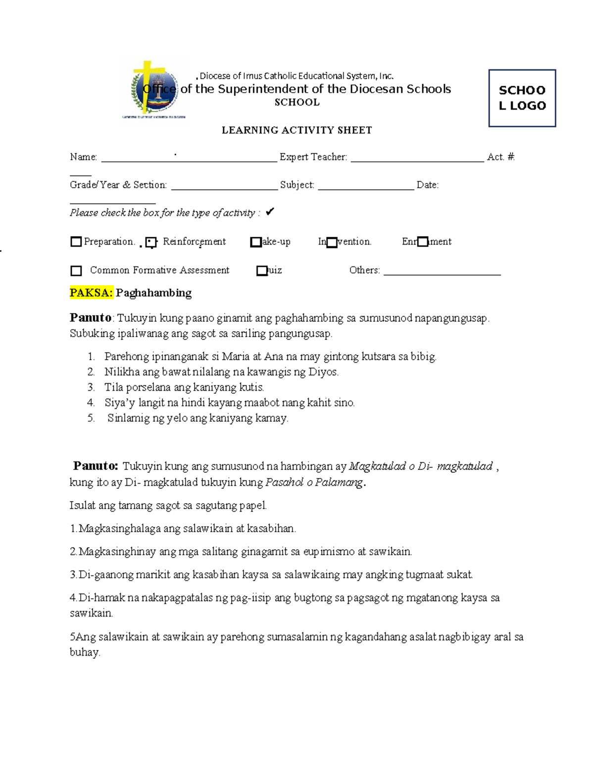 Hila Grade 8 - Learning Activity Sheet on Paghahambing - Studocu