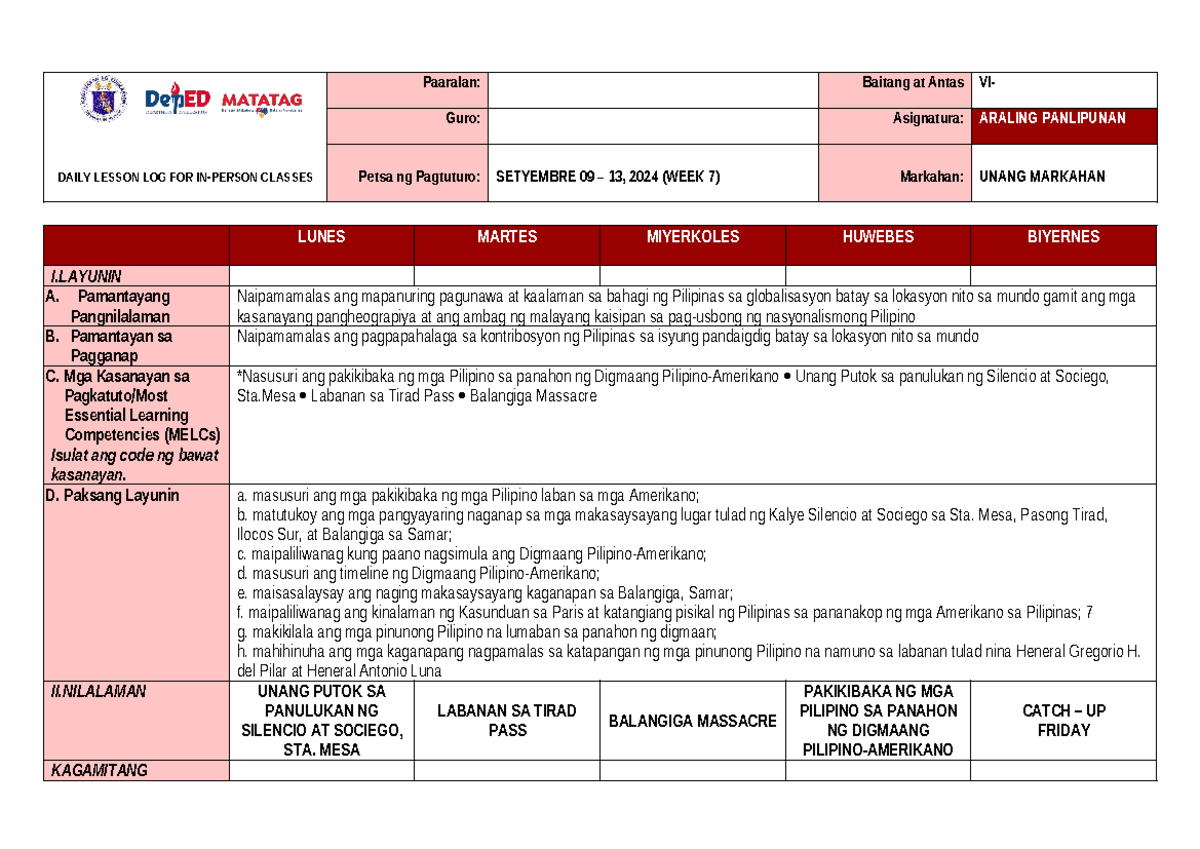 G6 Q1W7 DLL AP (MELCs): Unang Putok at Labanan sa Balangiga - Studocu