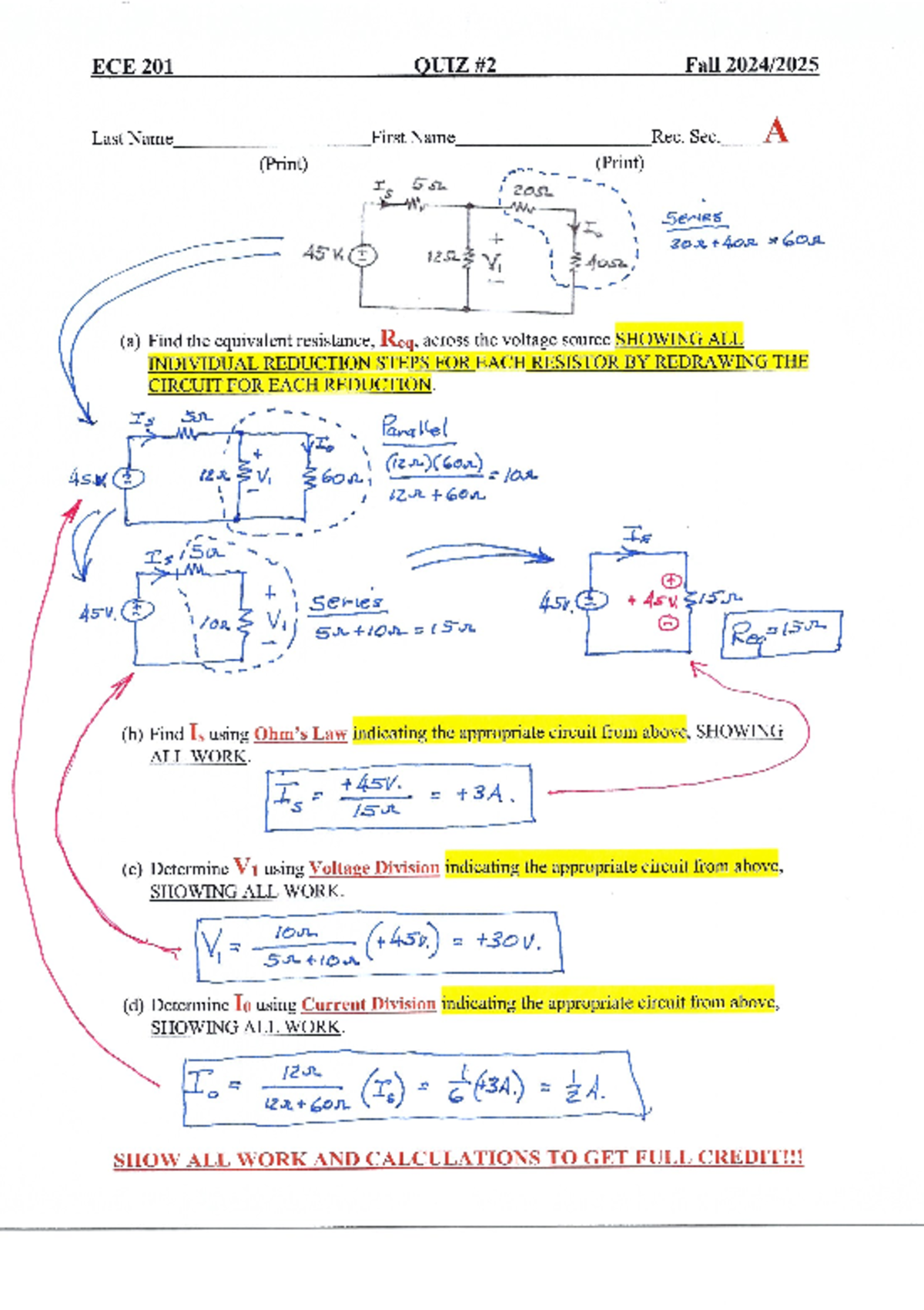 Quizzes #2 Solutions - ... - ECE 201 QUIZ Fall Last Name First Name Rec. Sec. A (Print) (Print ...