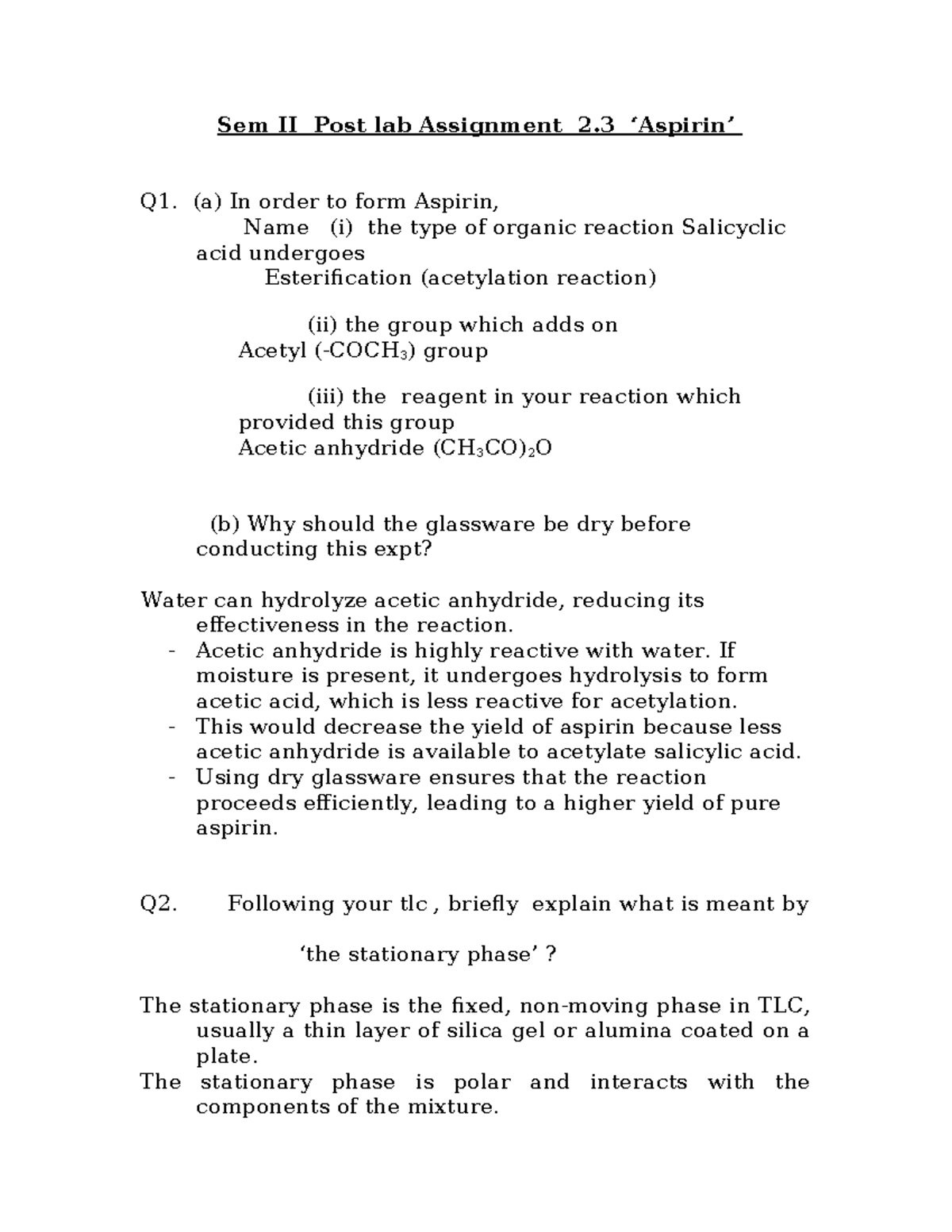 Sem II Post Lab 2.3: Aspirin Synthesis & TLC Analysis Answers - Studocu