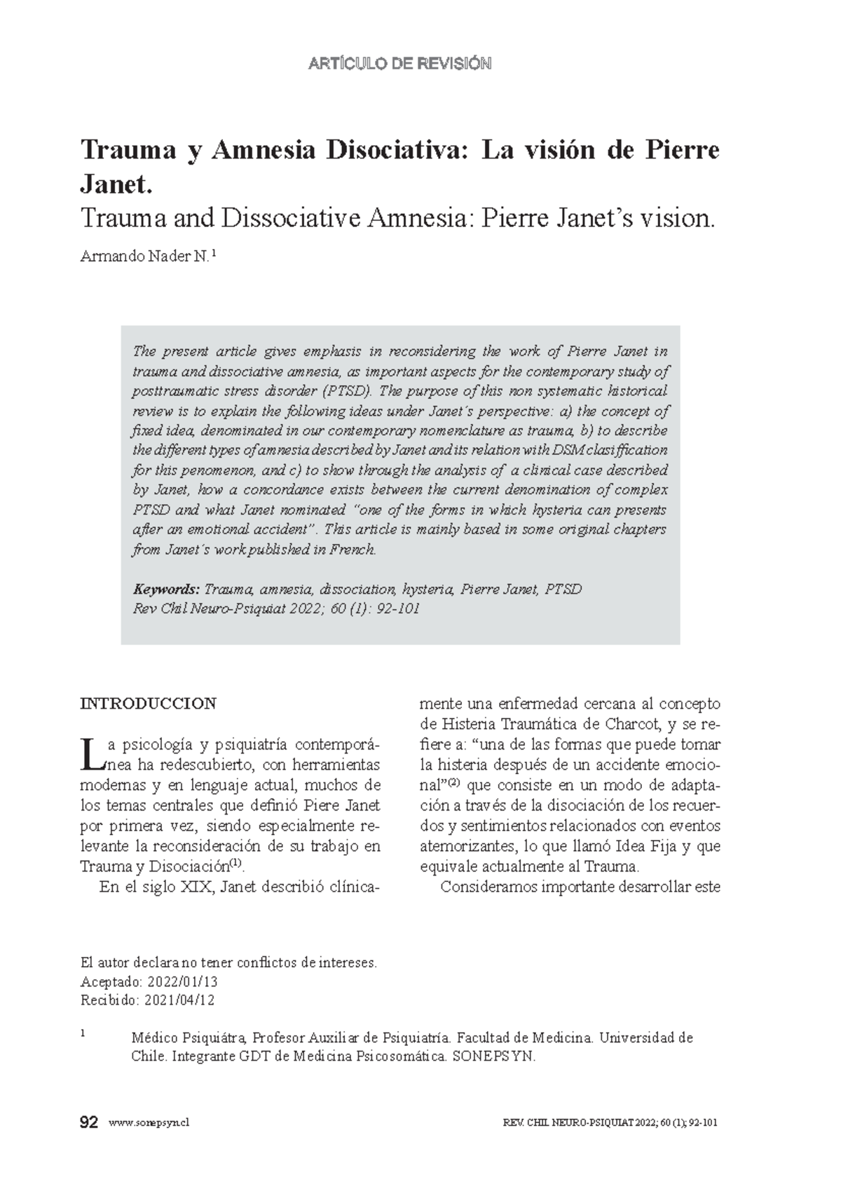 Trauma y Amnesia Disociativa: Perspectiva Histórica de Pierre Janet ...