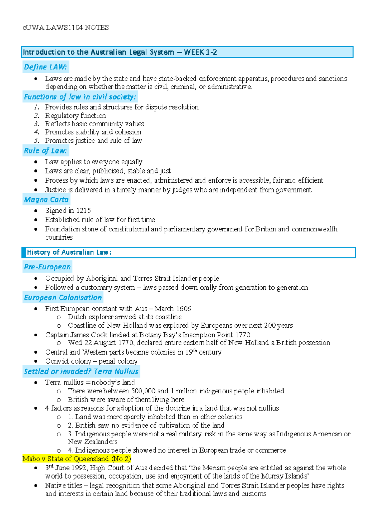 LAWS1104 Introductory Notes on the Australian Legal System - Studocu