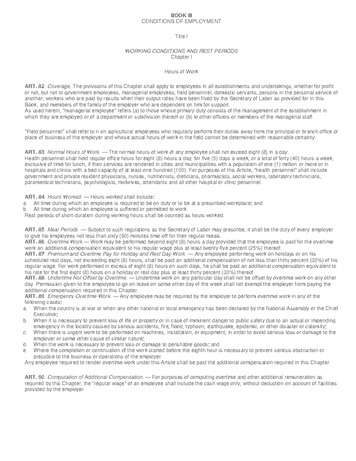 Labor Code PD 442 - BOOK III CONDITIONS OF EMPLOYMENT Title I WORKING ...
