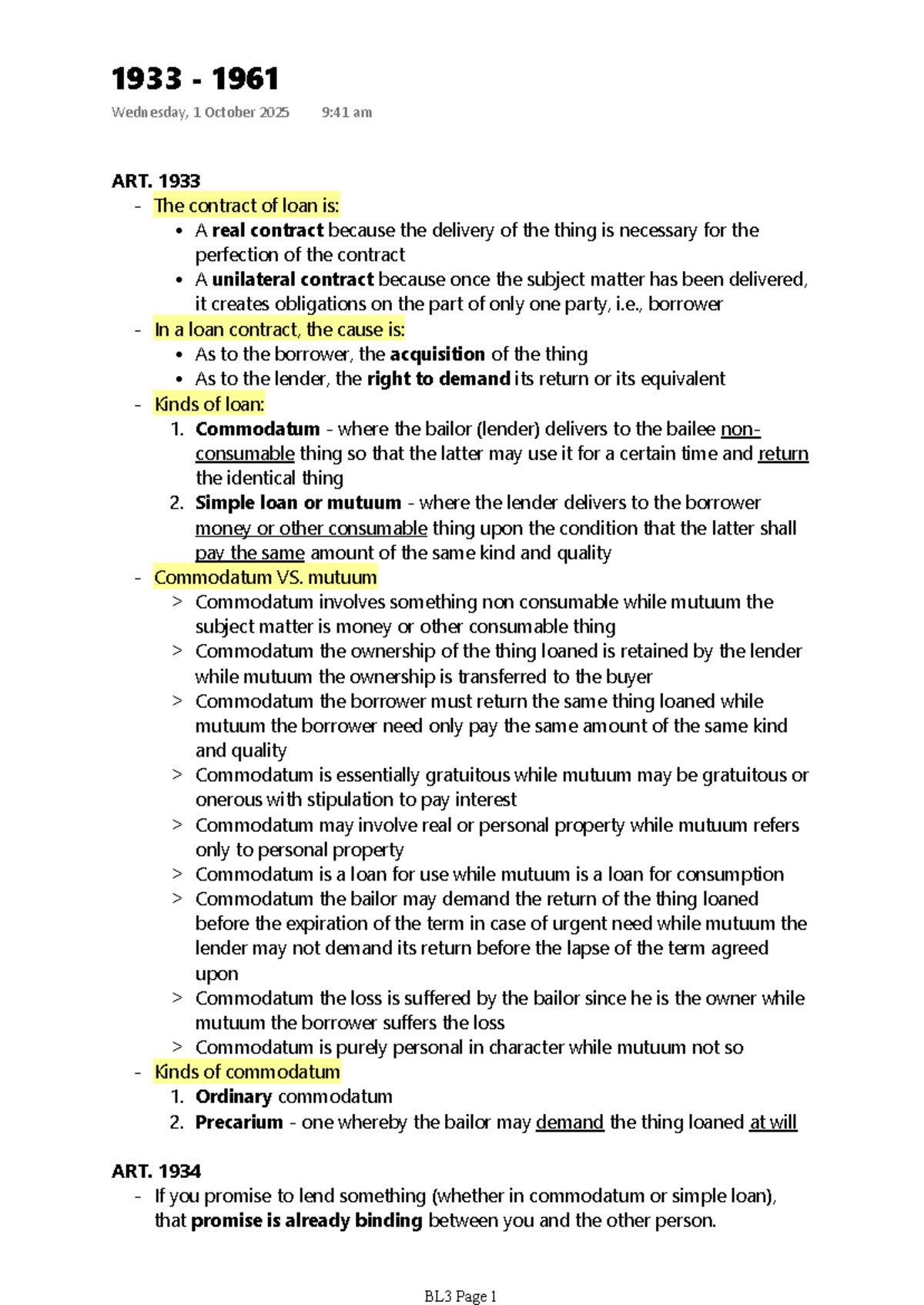 CIVIL CODE REVIEWER: Articles 1933-1961 Summary and Analysis - Studocu