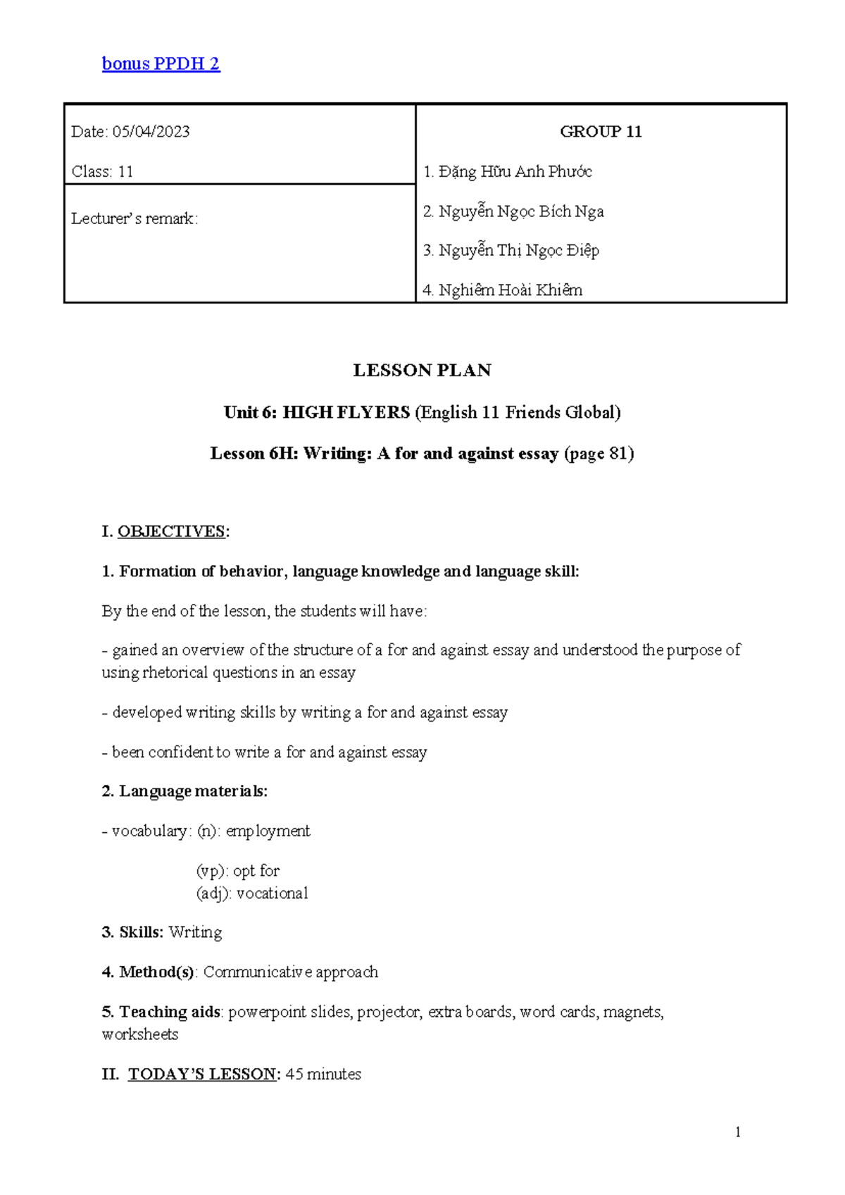 Lesson Plan: Unit 6 - High Flyers (English 11 Friends Global) - Writing ...
