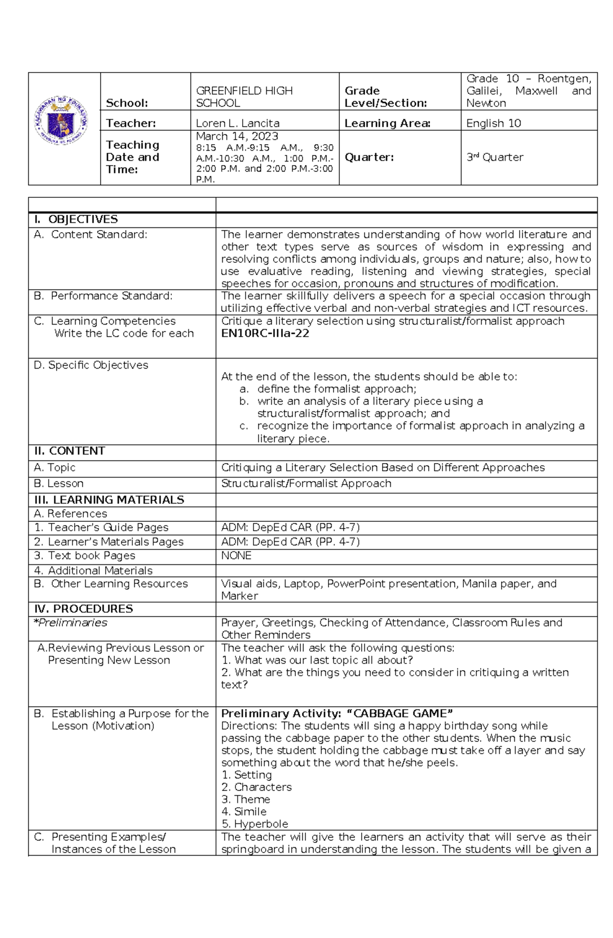 Detailed Lesson Plan-Formalist Approach - School: GREENFIELD HIGH ...
