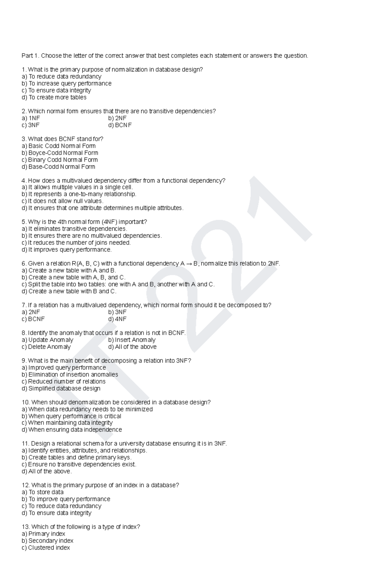 IT Database Normalization and SQL Queries Reviewer - Studocu