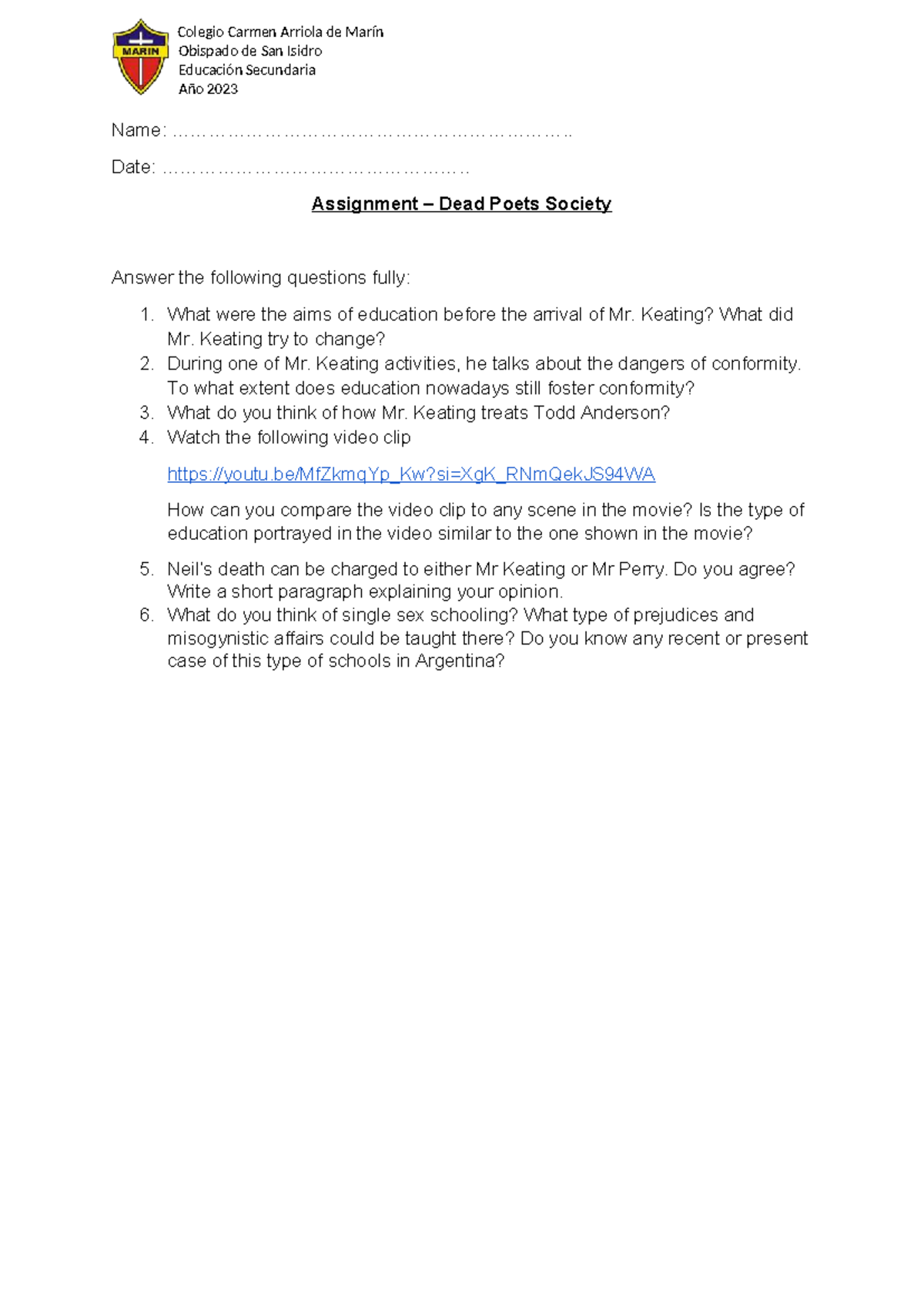 Assignment: Dead Poets Society Analysis - Colegio Carmen Arriola 2023 ...