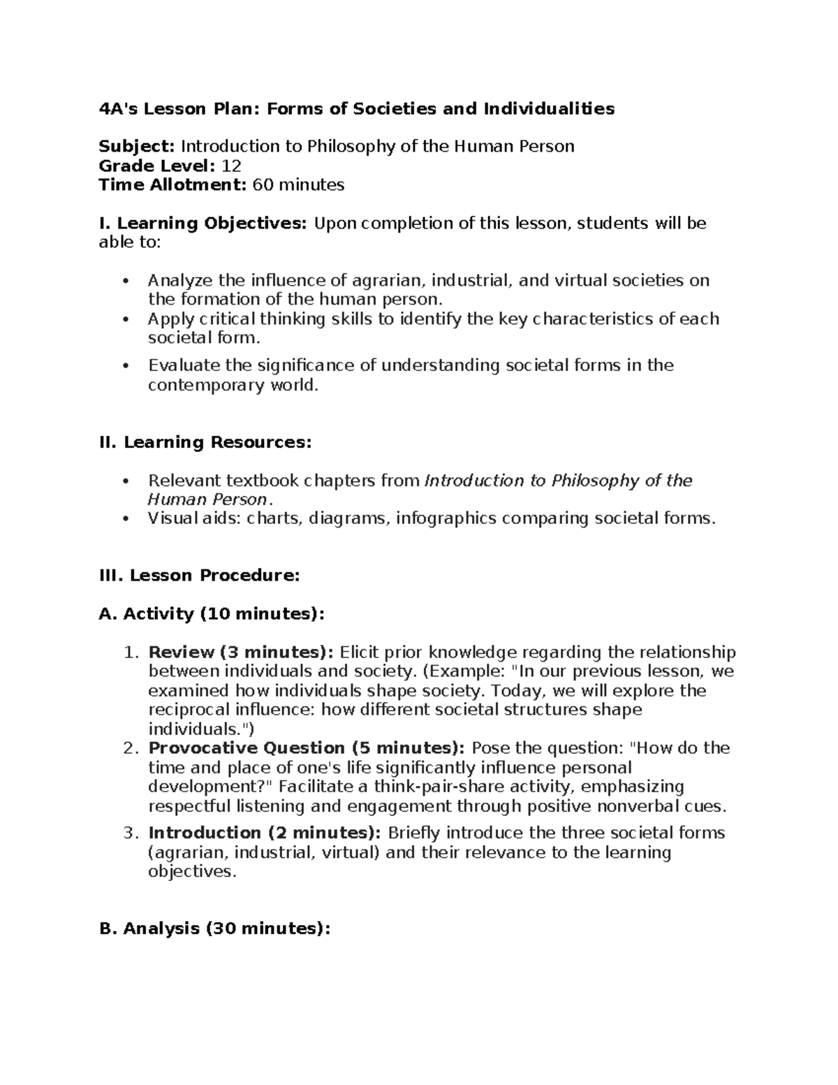 4As Lesson Plan 2 - 4A's Lesson Plan: Forms of Societies and ...