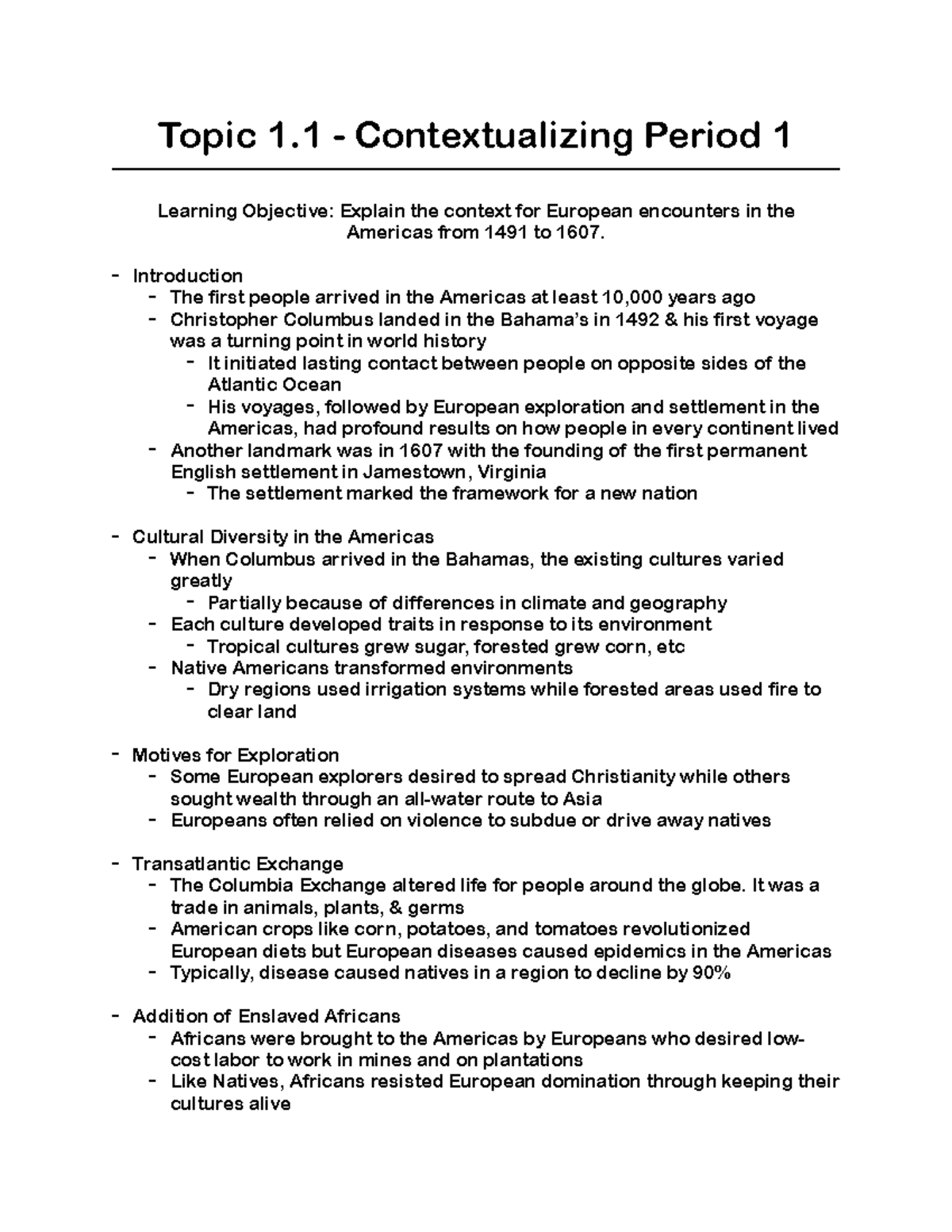 Apush 1 - Topic 1 - Contextualizing Period 1 ...
