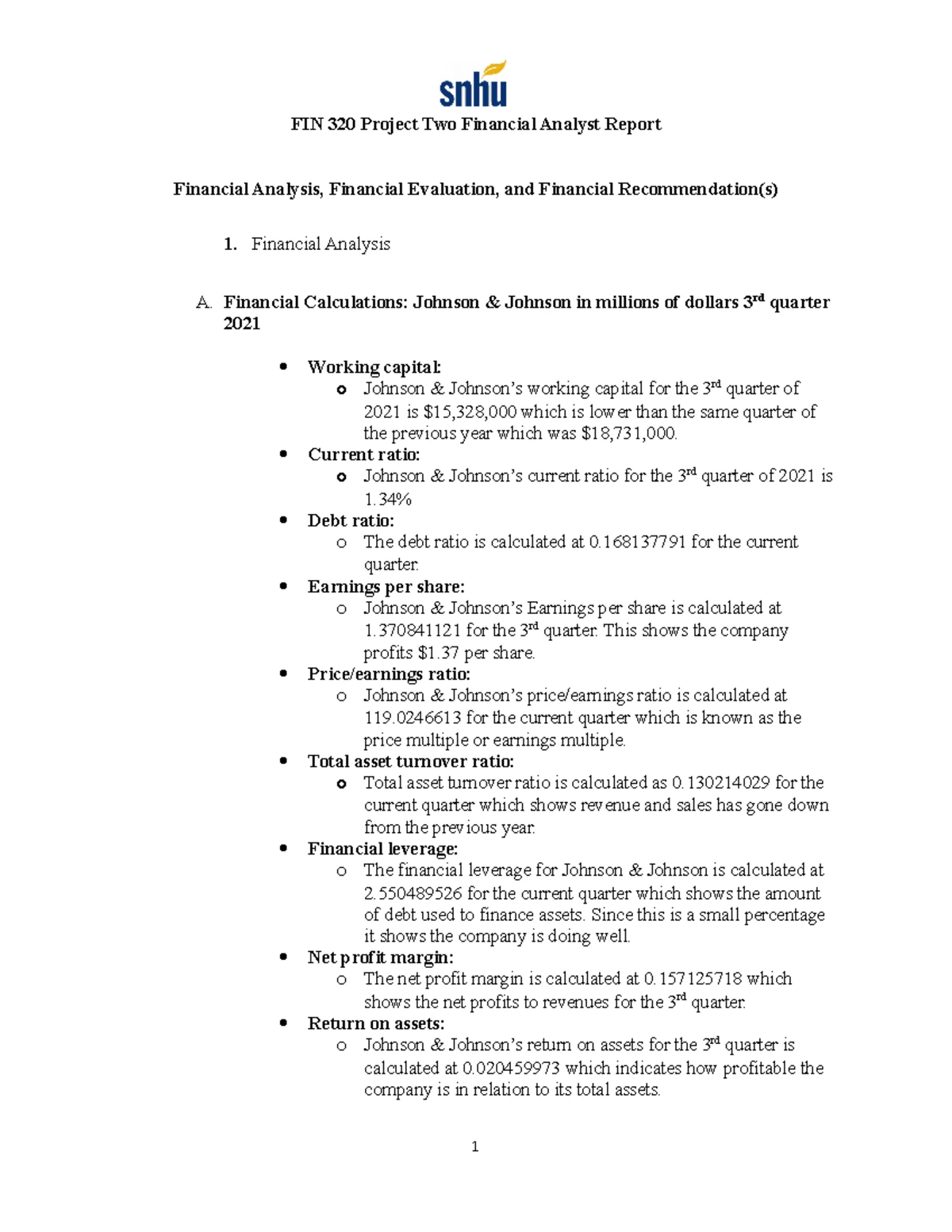 FIN 320 Project One: Overview of Financial Analyst Role and ...