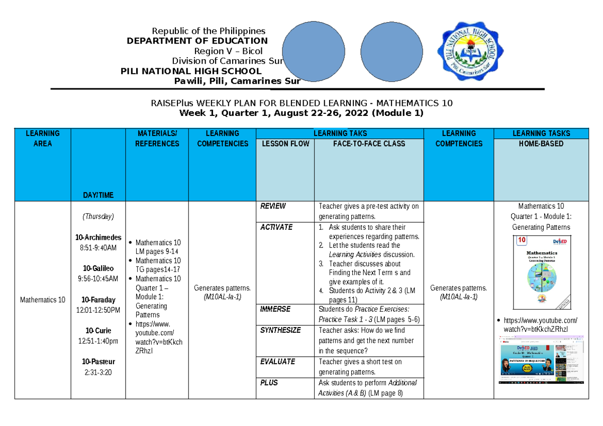 Mathematics 10 Week 1 Lesson Plan: Generating Patterns (Q1, Module 1 ...