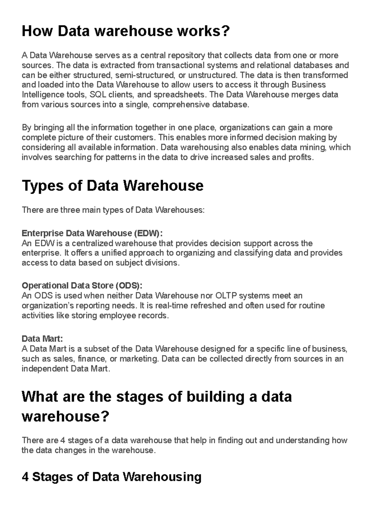 Data Warehousing Stages - How Data warehouse works? A Data Warehouse ...