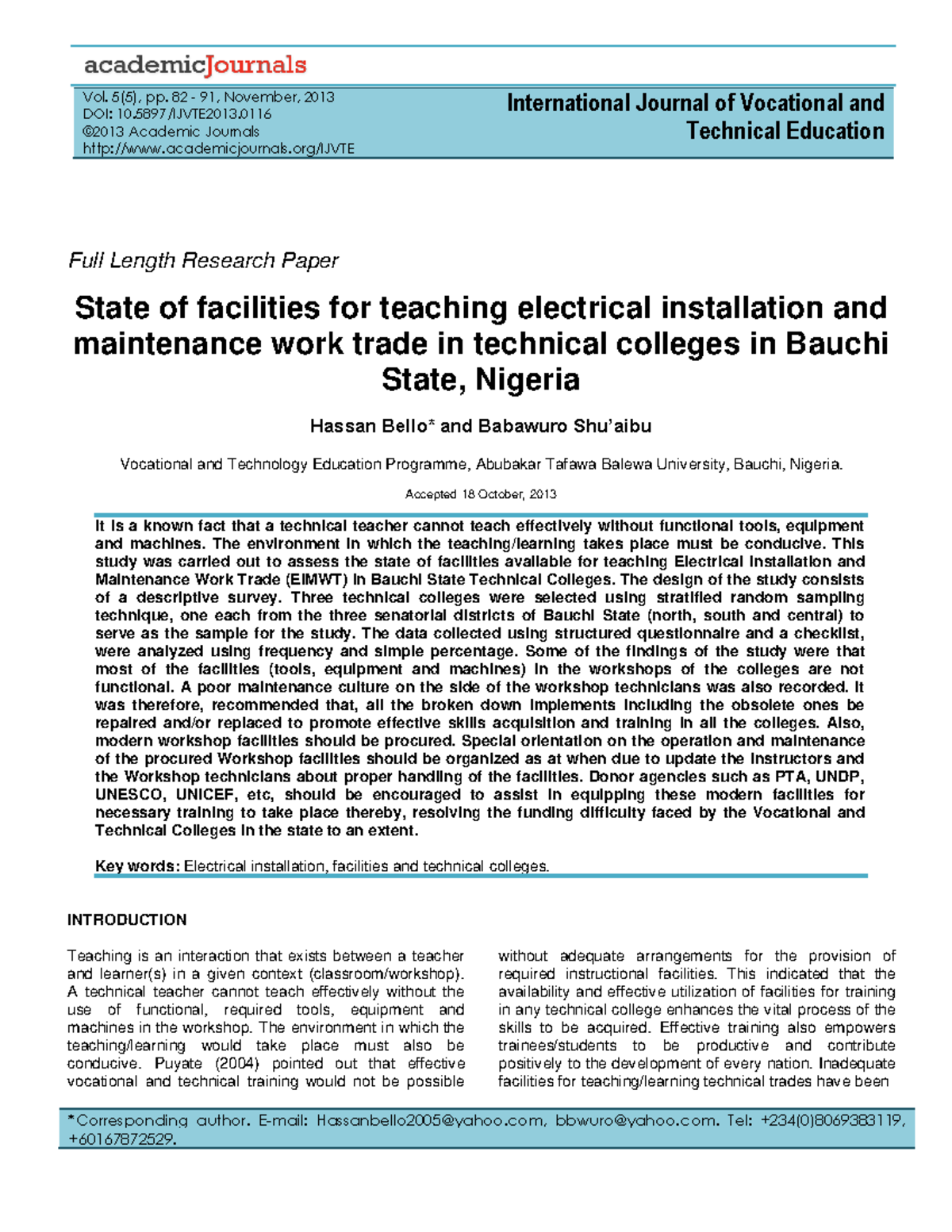 Assessment of Teaching Facilities for Electrical Installation in Bauchi ...