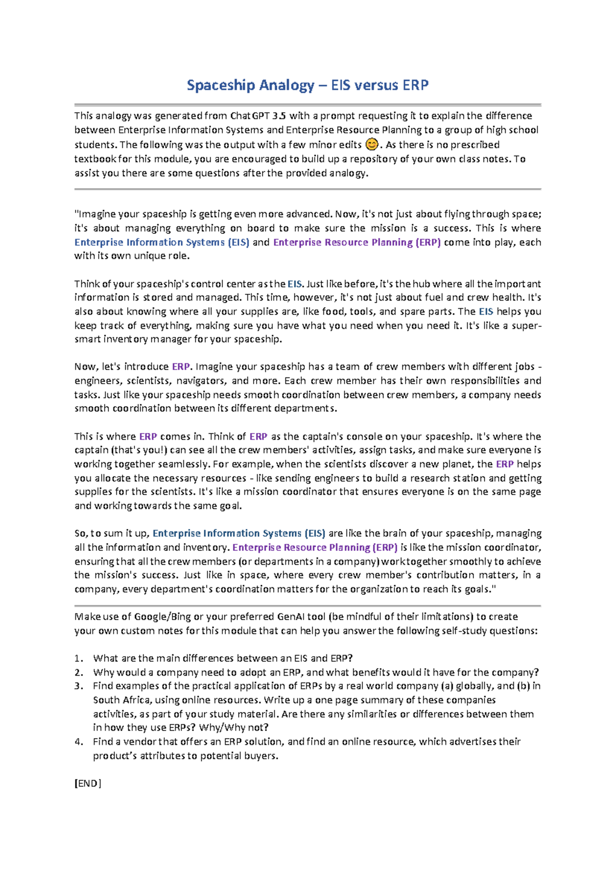 2.3 Class Prep: Spaceship Analogy for EIS vs ERP - Studocu